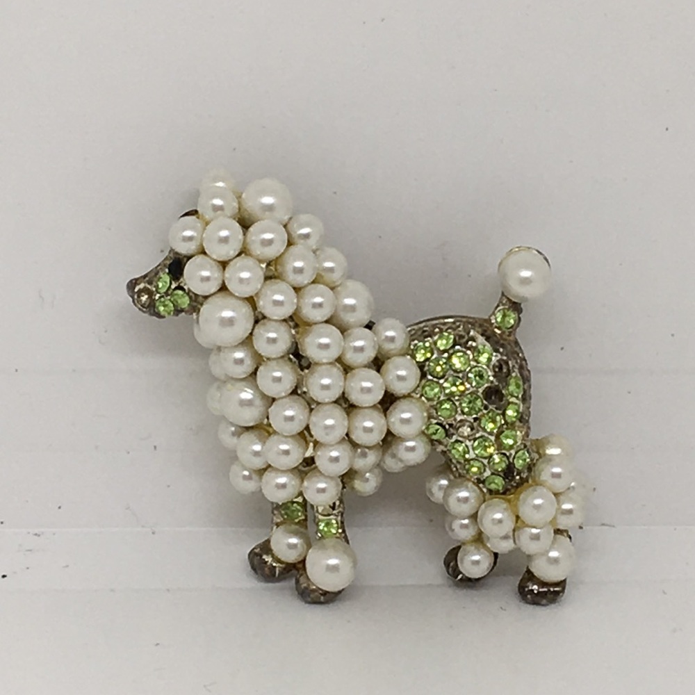 Vintage Poodle Pin With Green Crystals - Gem